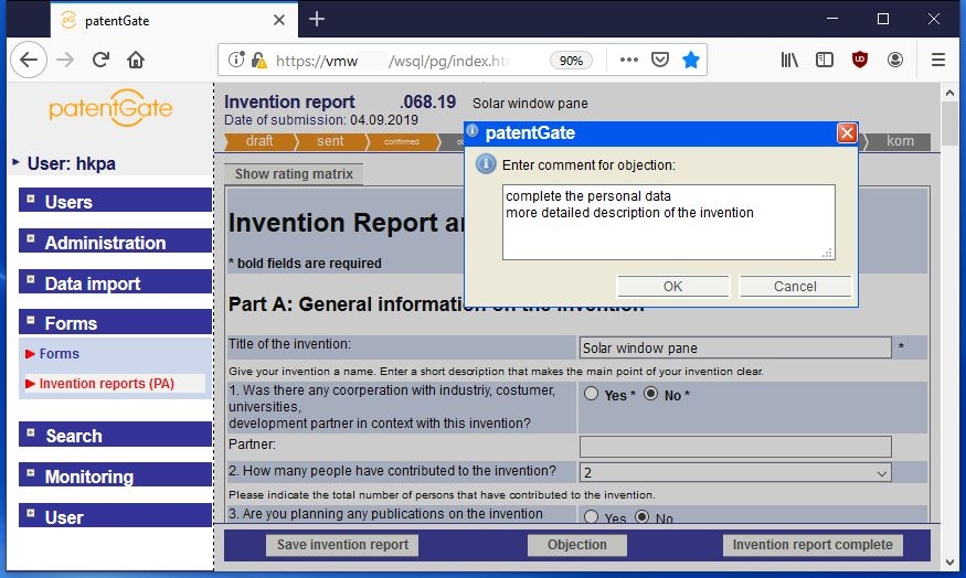 Invention report [custom] | patentGate manual